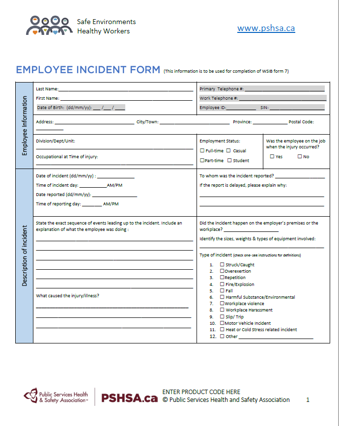Public Services Health And Safety Association Employee Incident Report Public Services Health And Safety Association Employee Incident Report