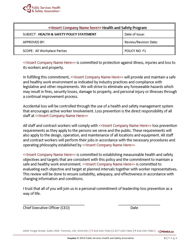 Public Services Health And Safety Association Health And Safety Policy Statement Template